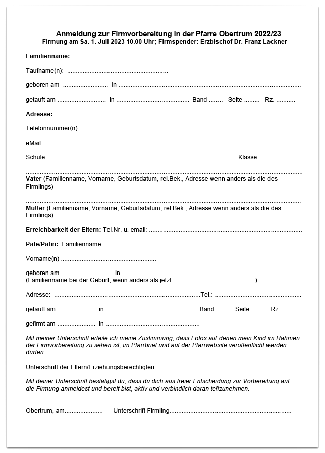 Anmeldung zur Firmung 2023